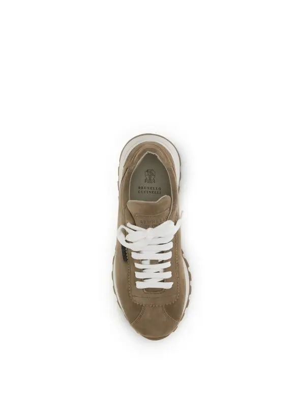 Brunello Cucinelli Suede Lace-up Sneakers With Embellished Detailing - Cream