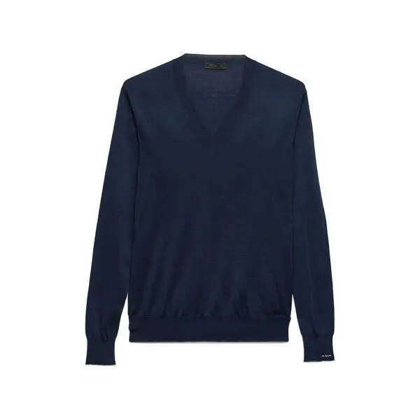 Prada Ribbed Knit V-neck Jumper - Blue