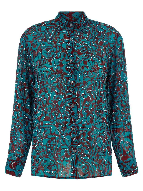 Dries Van Noten Clavelly Printed Sequin Embellished Viscose Shirt - Blue