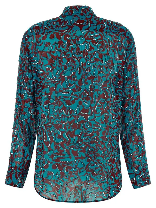 Dries Van Noten Clavelly Printed Sequin Embellished Viscose Shirt - Blue