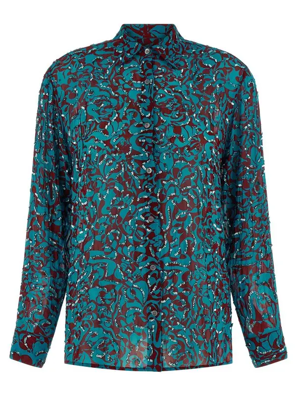 Dries Van Noten Clavelly Printed Sequin Embellished Viscose Shirt - Blue
