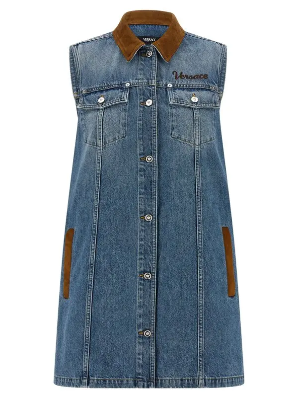 Versace Denim A-line Dress With Suede Pockets - Blue