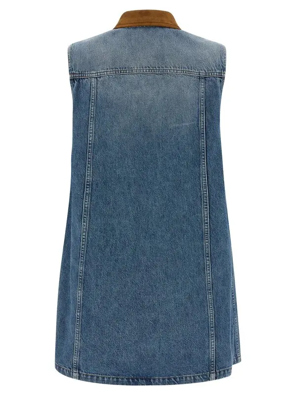 Versace Denim A-line Dress With Suede Pockets - Blue