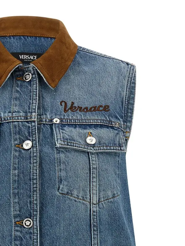 Versace Denim A-line Dress With Suede Pockets - Blue