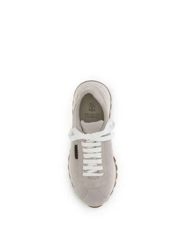 Brunello Cucinelli Suede Lace-up Sneakers With Embellishments - Gray