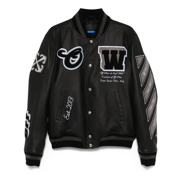Off-White Leather Bomber Jacket With Logo Appliqu