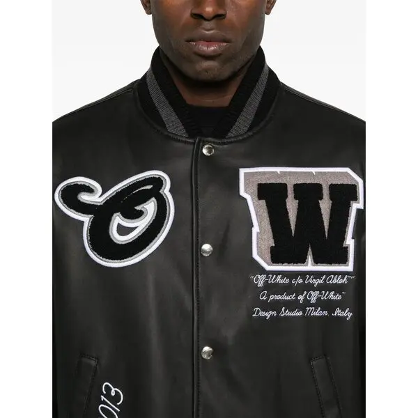 Off-White Leather Bomber Jacket With Logo Appliqu