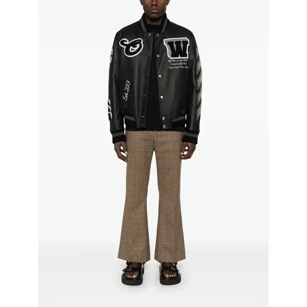Off-White Leather Bomber Jacket With Logo Appliqu