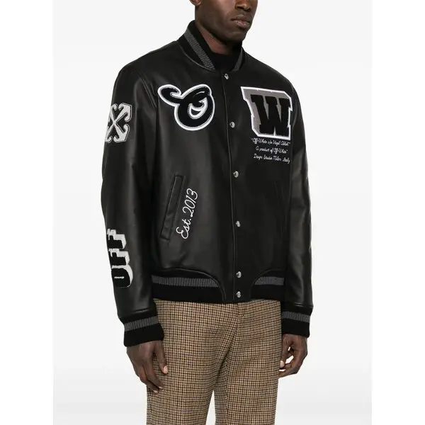 Off-White Leather Bomber Jacket With Logo Appliqu
