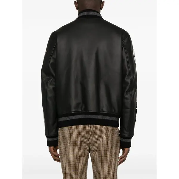 Off-White Leather Bomber Jacket With Logo Appliqu