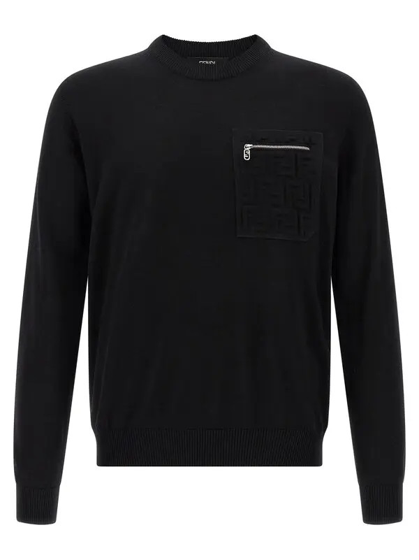 Fendi Wool Sweater With Embossed Ff Logo Pocket - Black