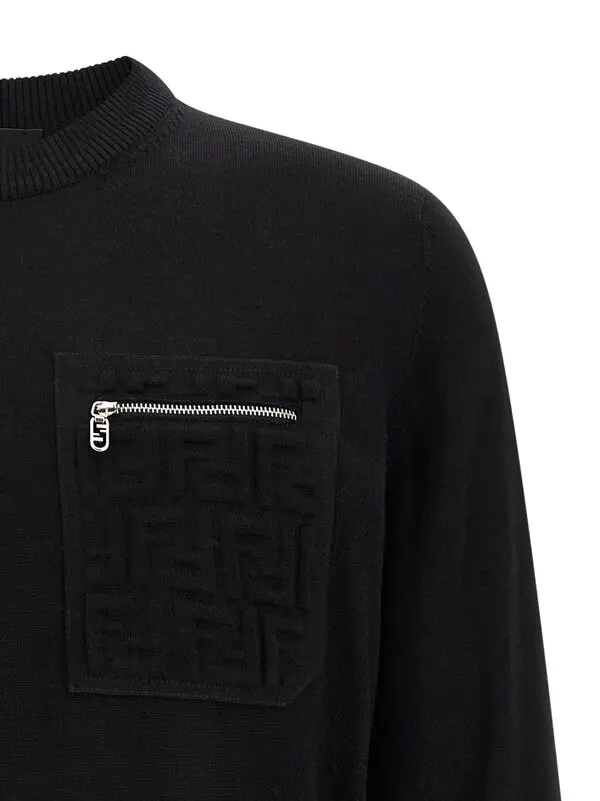 Fendi Wool Sweater With Embossed Ff Logo Pocket - Black