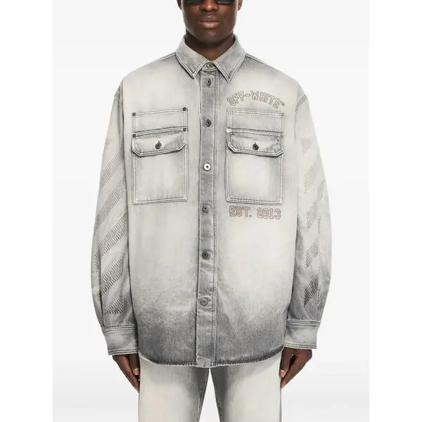 Off-White Grey Embroidered Cotton Shirt Jacket - Gray