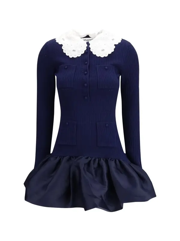 SELF-PORTRAIT Knit Taffeta Mini Dress - Blue