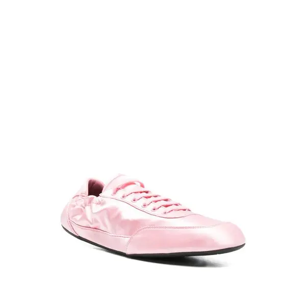 Prada Gathered Detail Lace-up Round Toe Flat Sole Sneakers - Pink