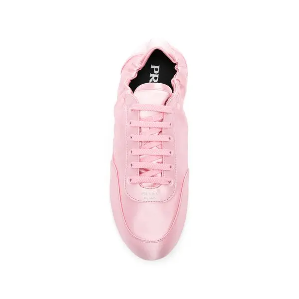 Prada Gathered Detail Lace-up Round Toe Flat Sole Sneakers - Pink