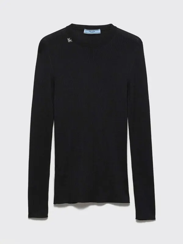 Prada Ribbed Crew Neck Long Sleeve Sweater - Black