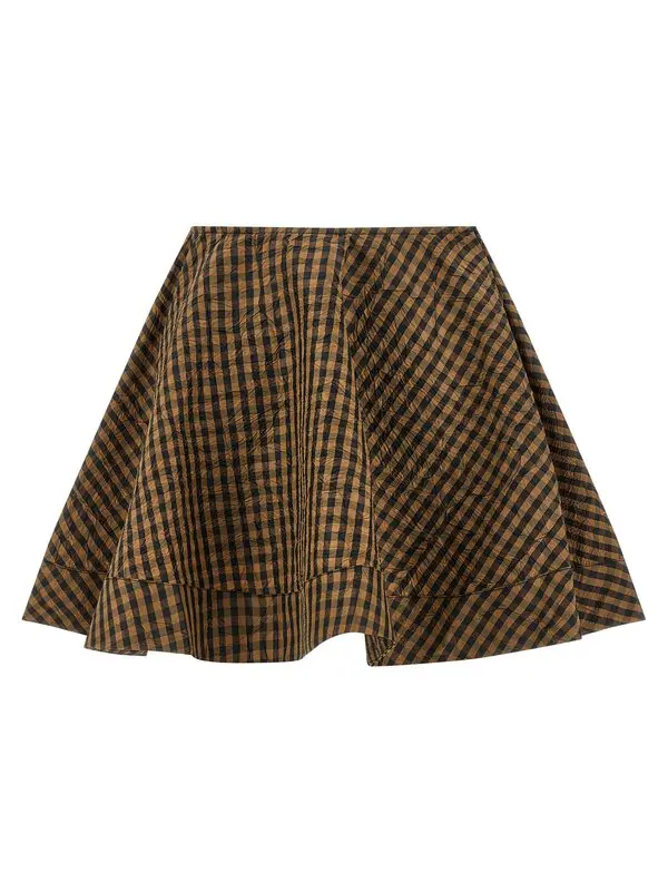 GANNI Crinkled Taffeta Check Mini Skirt - Brown