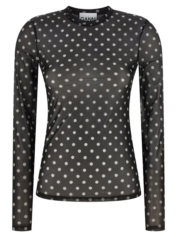 GANNI Printed Sheer Crew Neck Long Sleeve Sweater - Black