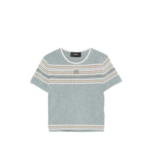 Amiri Striped Knit Top With Logo Detail - Blue