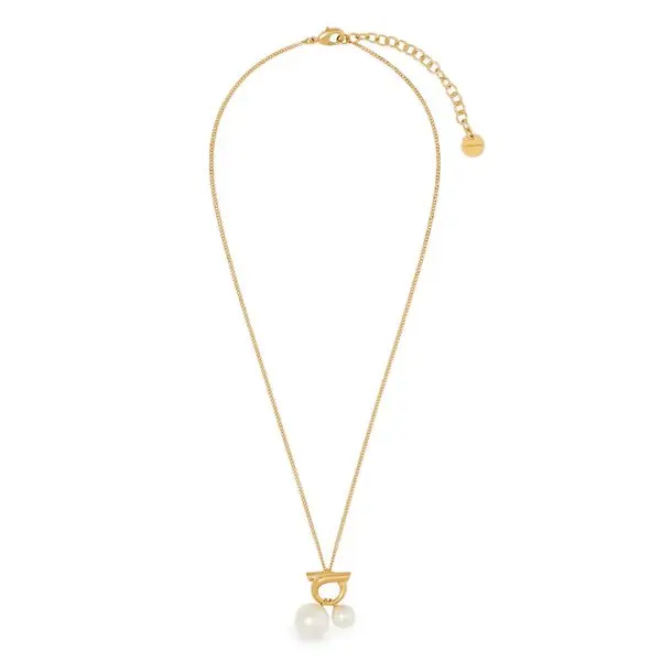 FERRAGAMO Tone Logo Pendant Necklace With Pearl Embellishments - Gold