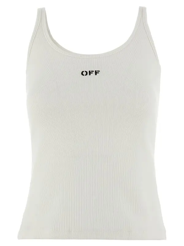 Off-White Ribbed Stretch Cotton Top With Contrast Logo - White