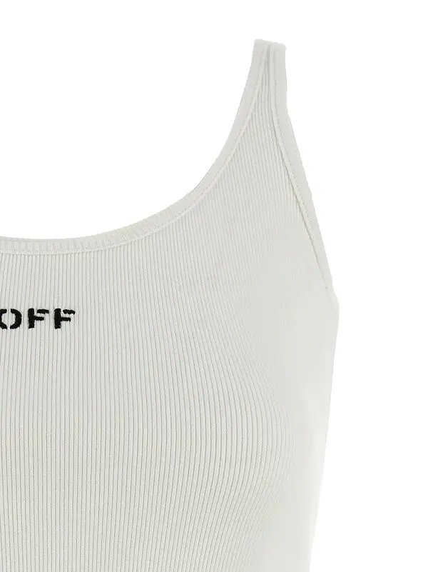 Off-White Ribbed Stretch Cotton Top With Contrast Logo - White