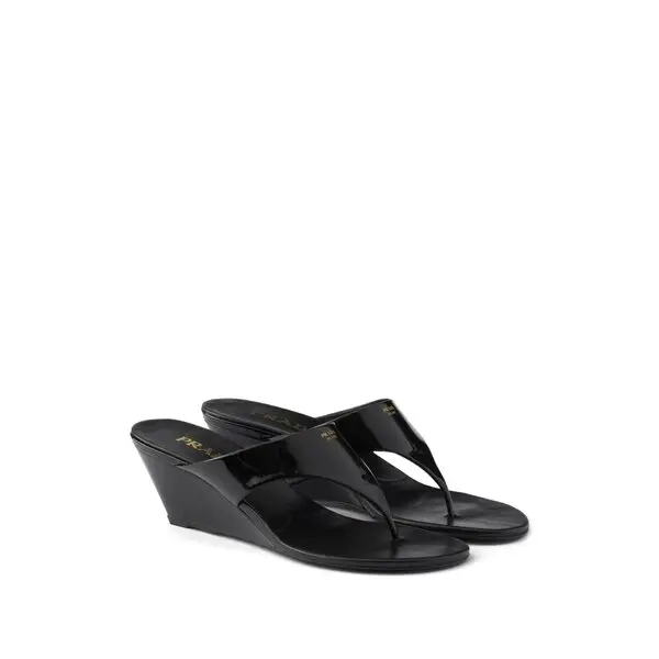 Prada Patent Leather Thong Wedge Sandals - Black