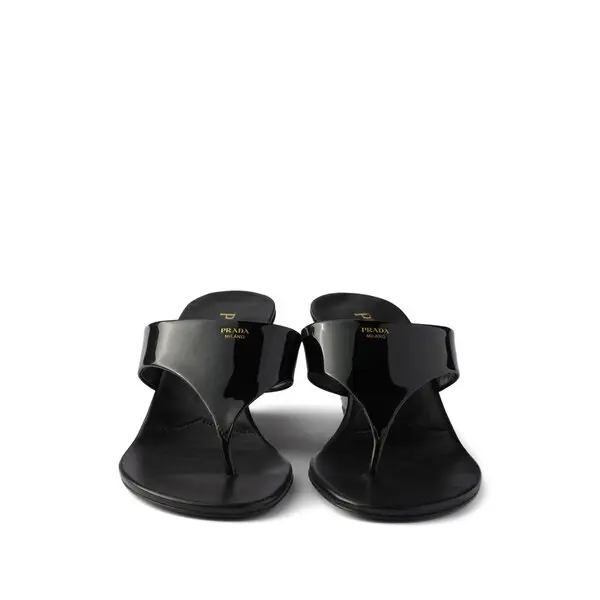 Prada Patent Leather Thong Wedge Sandals - Black