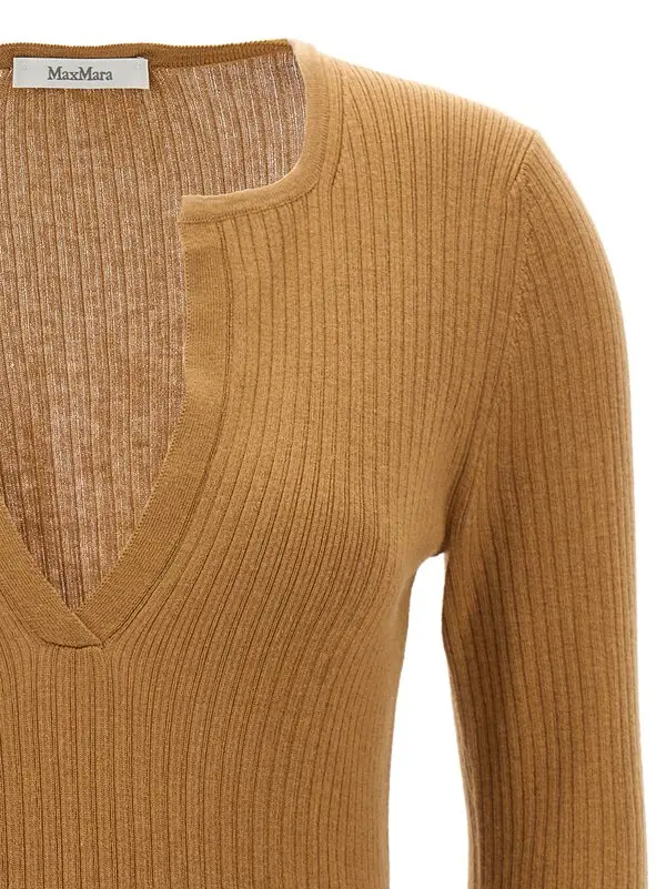 Max Mara Urlo' V-neck Ribbed Silk & Cashmere Sweater - Cream