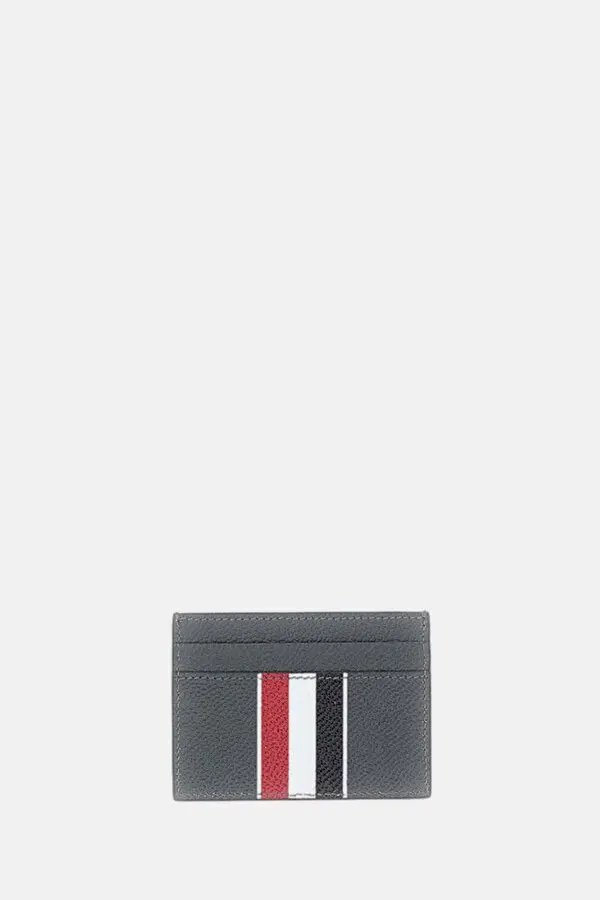 Thom Browne Double Sided Card Holder W/ Rwb Stripe In Pebble Grain Leather
