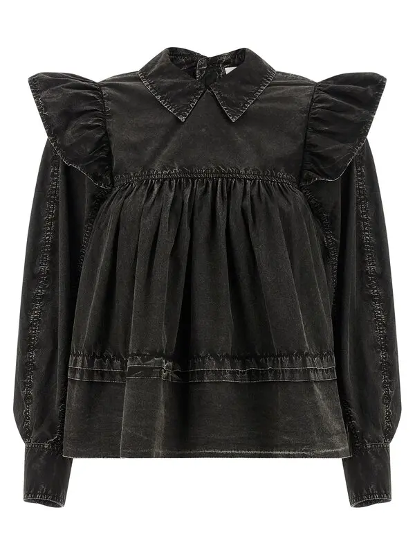 GANNI Washed Frill Cotton Blouse