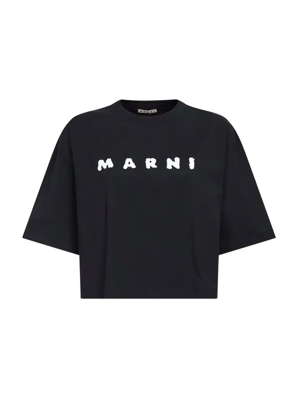 Marni Black Jersey Cropped T-shirt With Scribbled Logo
