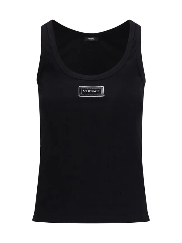 Versace Ribbed Stretch Cotton Tank Top With Logo Patch - Black