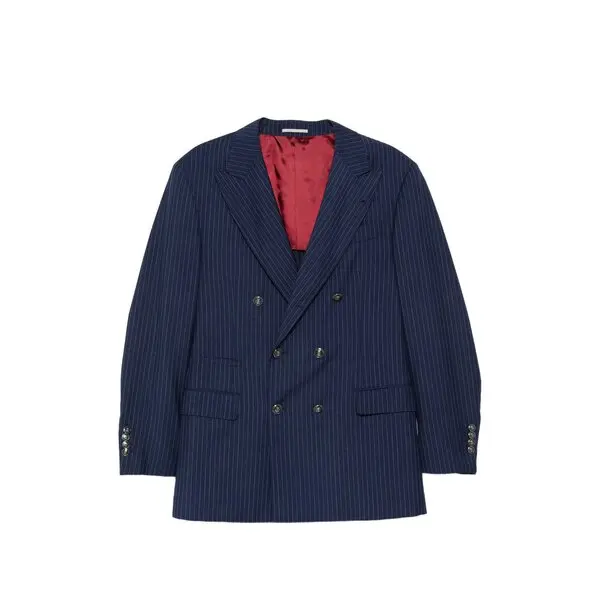 Brunello Cucinelli Navy Pinstripe Double Breasted Blazer - Blue