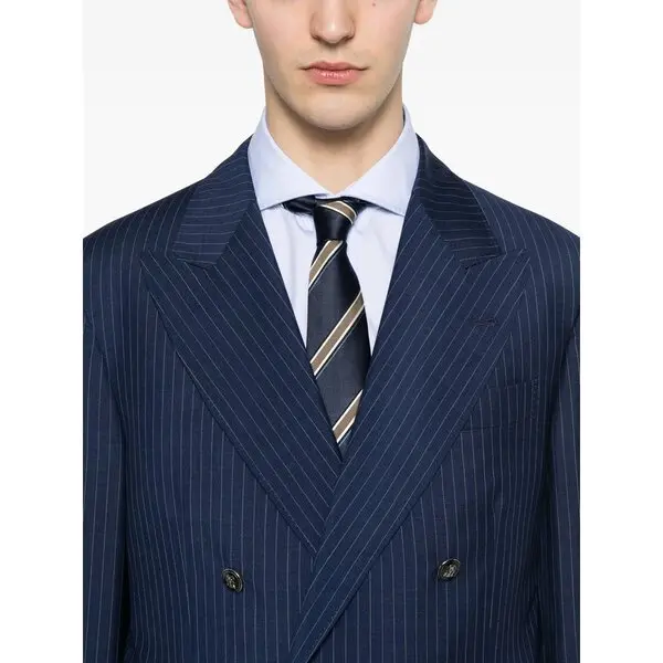 Brunello Cucinelli Navy Pinstripe Double Breasted Blazer - Blue