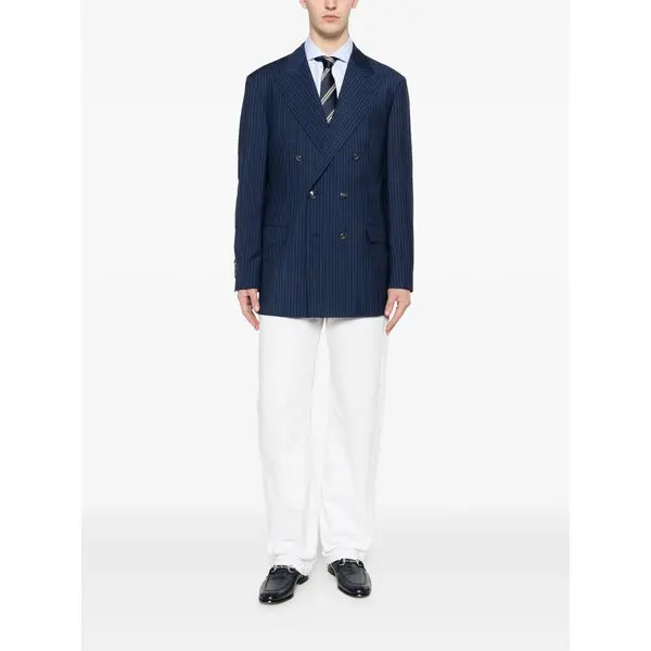Brunello Cucinelli Navy Pinstripe Double Breasted Blazer - Blue