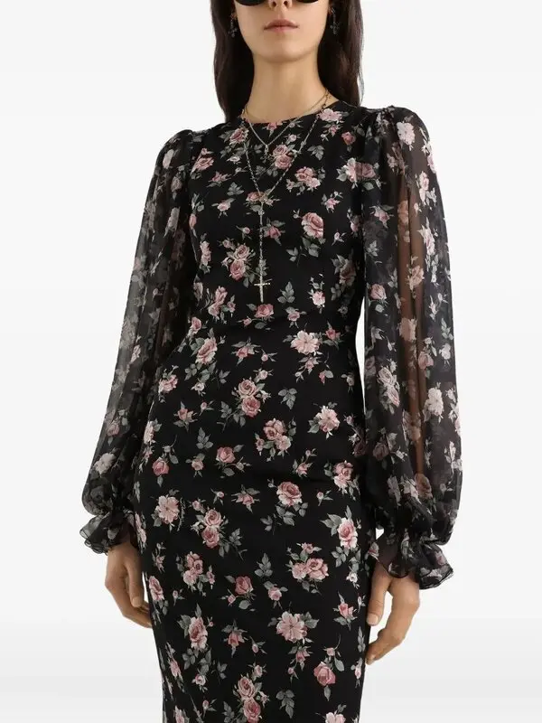 Dolce & Gabbana Printed Silk Dress With Sheer Sleeves