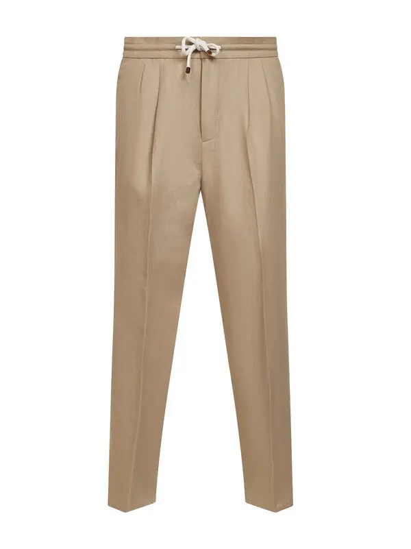 Brunello Cucinelli Taupe Linen And Cotton Drill Leisure Fit Trousers - Multicolor