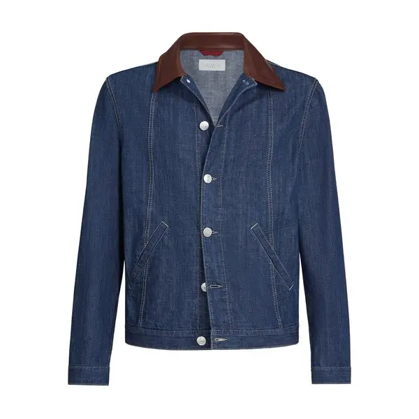 Brunello Cucinelli Denim Jacket With Leather Collar - Blue