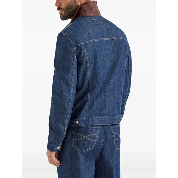 Brunello Cucinelli Denim Jacket With Leather Collar