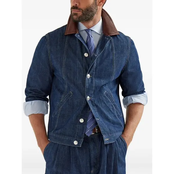 Brunello Cucinelli Denim Jacket With Leather Collar