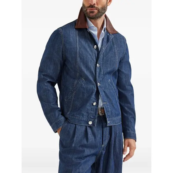 Brunello Cucinelli Denim Jacket With Leather Collar