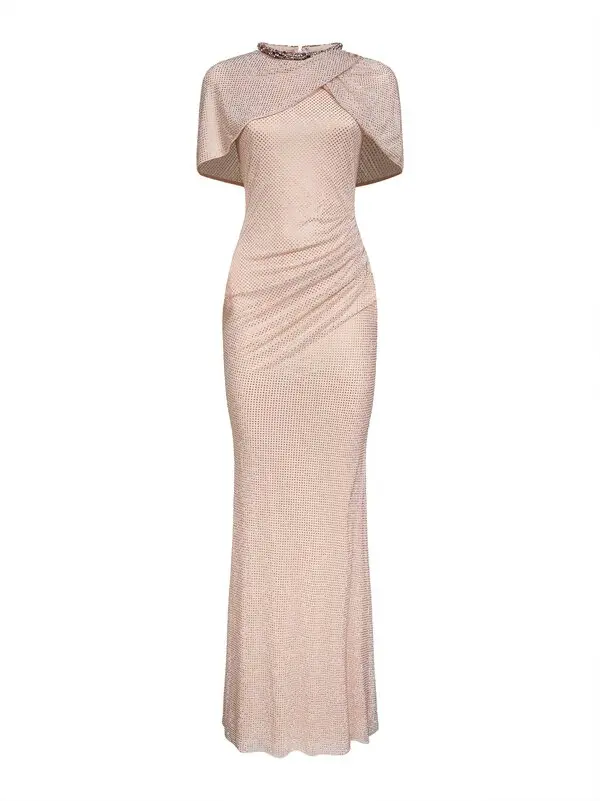 SELF-PORTRAIT Embellished Stretch Tulle Maxi Dress With Cape Detail - Multicolor