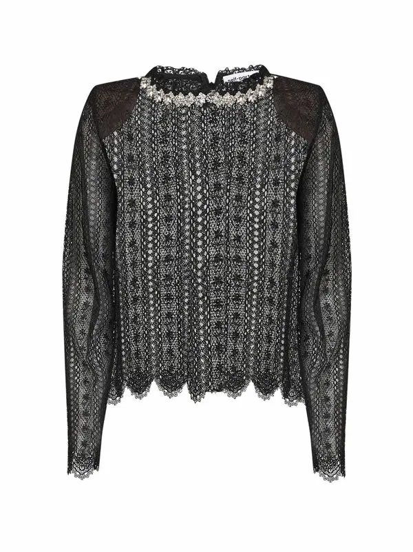 SELF-PORTRAIT Black Organza Lace Crystal-embellished Top - Multicolor