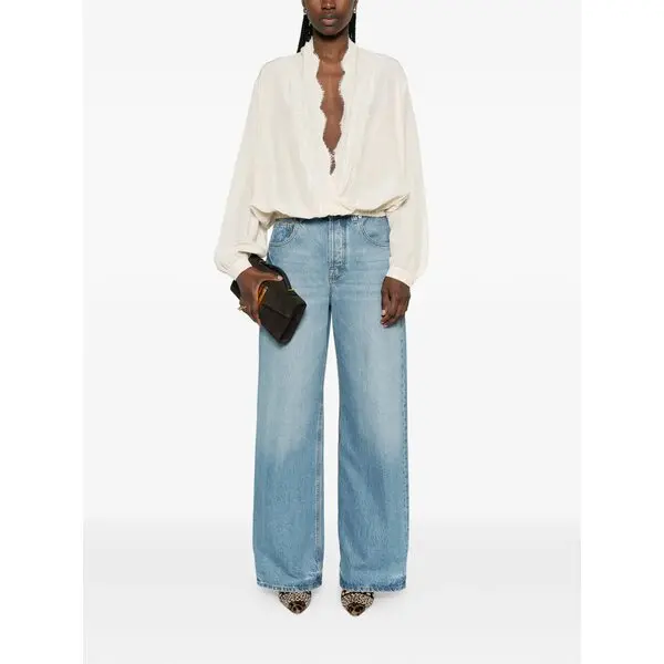 Valentino Garavani Off-white Silk Lace Trim Long Sleeve Blouse