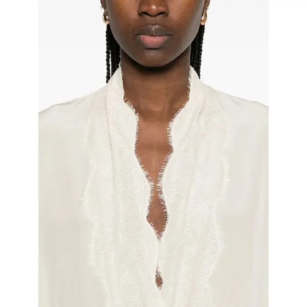 Valentino Garavani Off-white Silk Lace Trim Long Sleeve Blouse