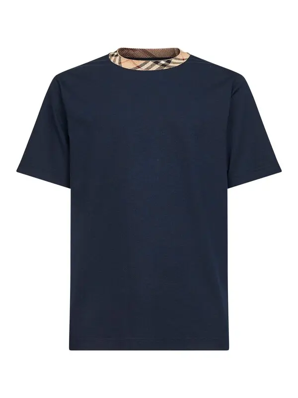 Burberry Navy Blue Cotton Check Trims T-shirt