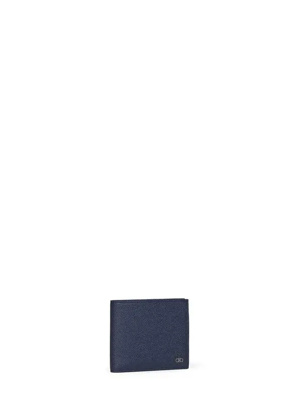 FERRAGAMO Dark Navy Blue Hammered Calfskin Gancini Wallet - Multicolor