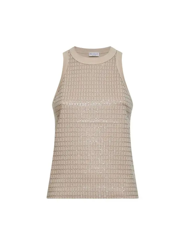 Brunello Cucinelli Ribbed Crewneck Halterneck Top With Sequin Embroidery